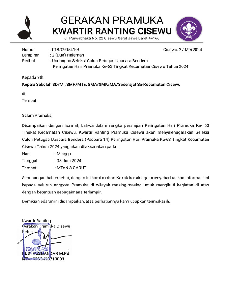 Edaran Seleksi Pasbara 14 Cisewu 2024 | PDF