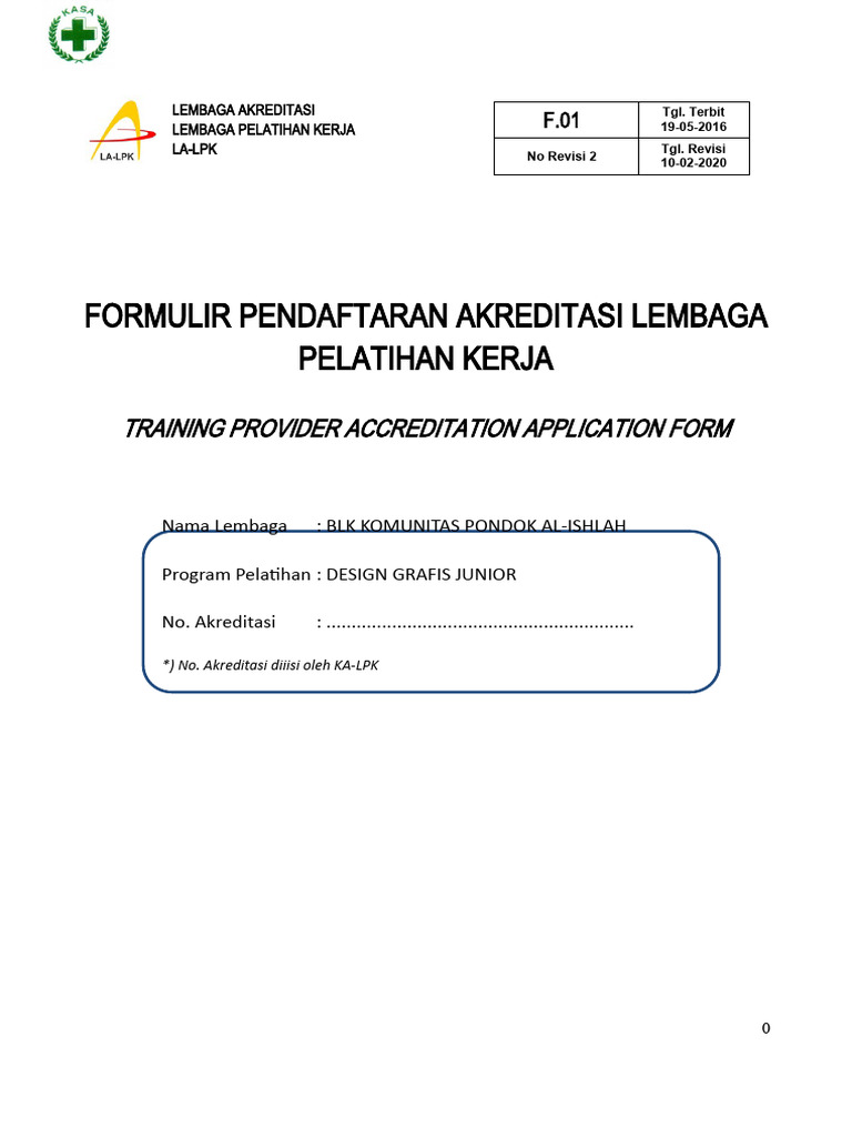 F.01 (Formulir Pendaftaran Akreditasi LPK) Revisi 02-10022020 | PDF
