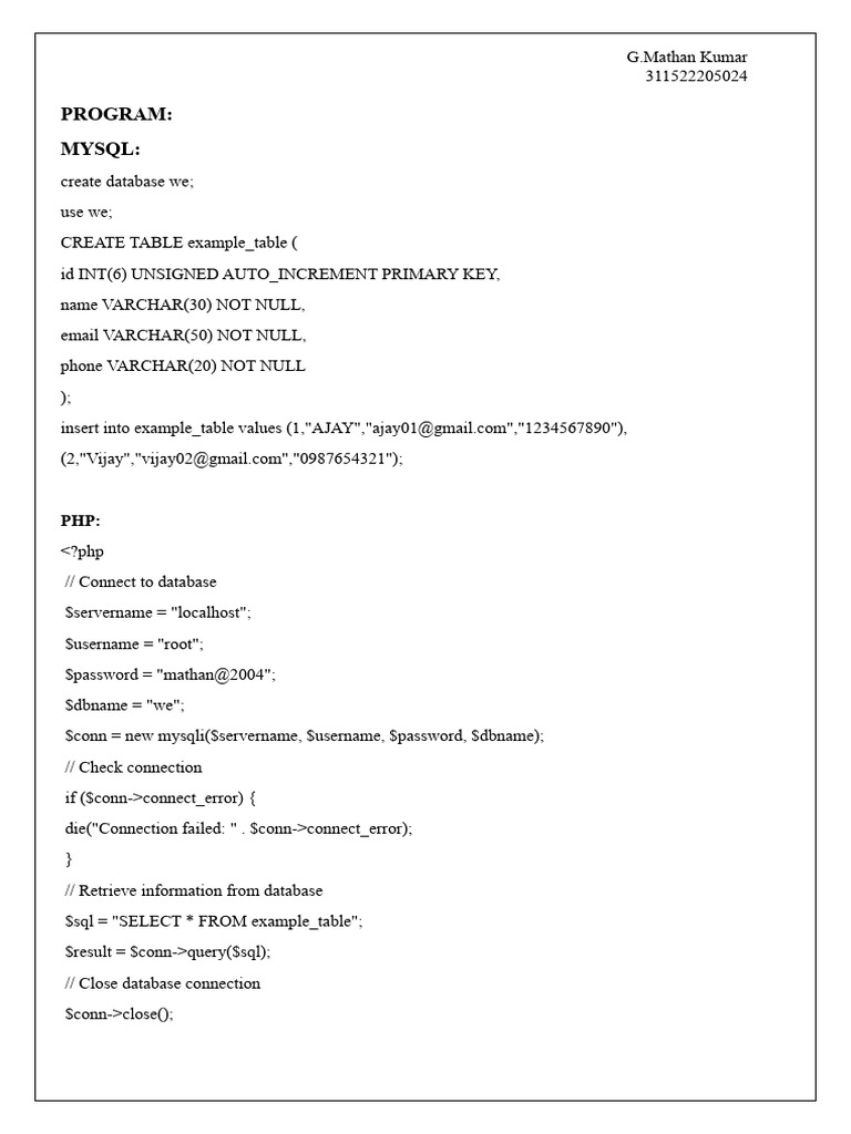 MySQL PHP Database Example Code | PDF | Teaching Methods & Materials ...