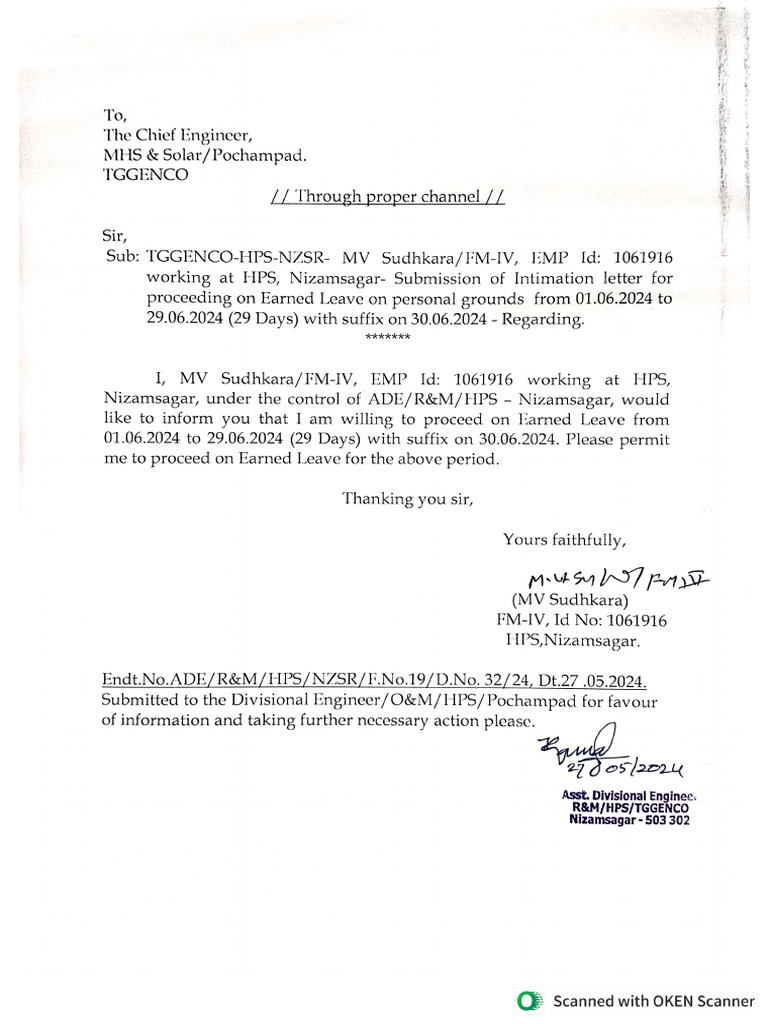 Sudhakara EL intimation letter - Reg | PDF