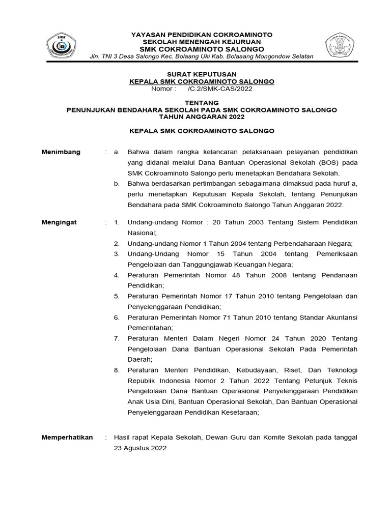 SK Bendahara Bos SMK Cas 2022 | PDF | Pengelolaan Keuangan & Uang