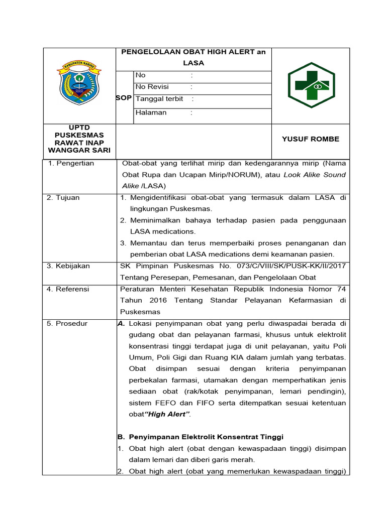 5331 Sop Pengelolaan Obat High Alert Lasa | PDF