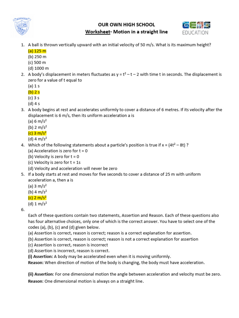 Motion in a Straight Line Worksheet | PDF | Acceleration | Velocity
