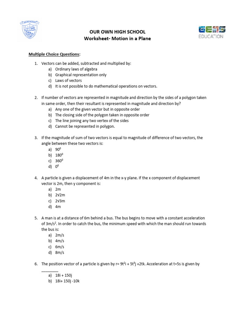 High School Worksheet on Motion in Plane | PDF | Acceleration ...