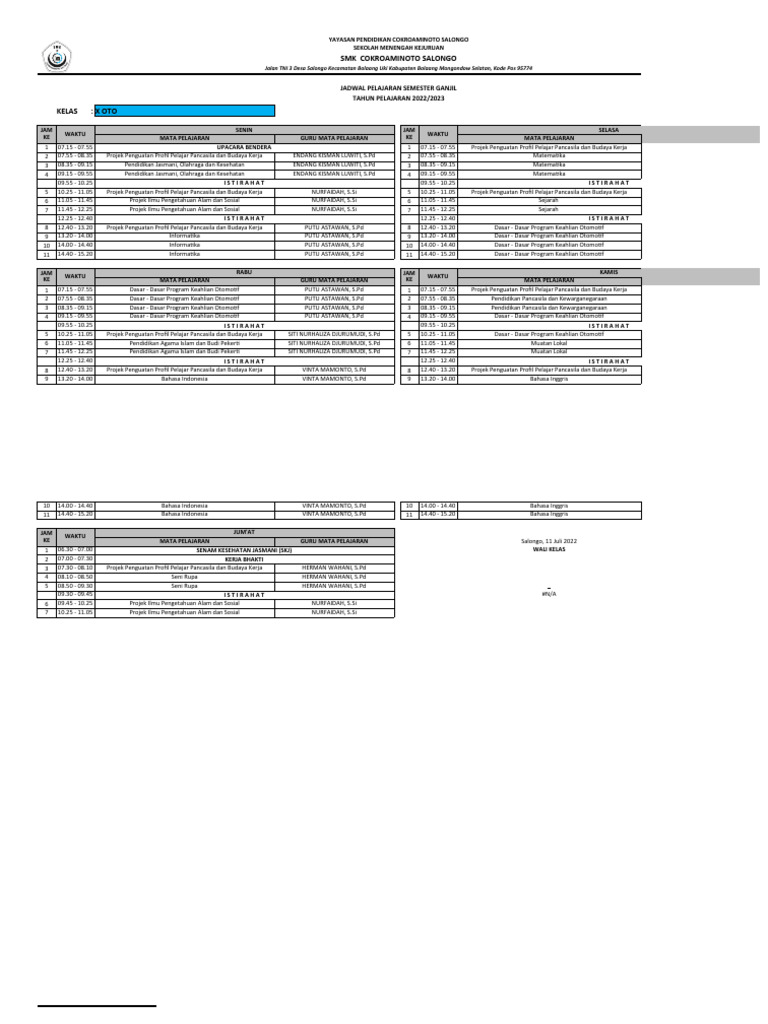 Jadwal Pelajaran Kumer Semester Ganjil TP 2022-2023 | PDF