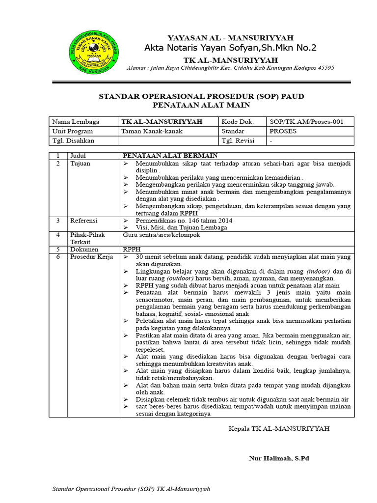 Sop TK Al-Mansuryyah | PDF
