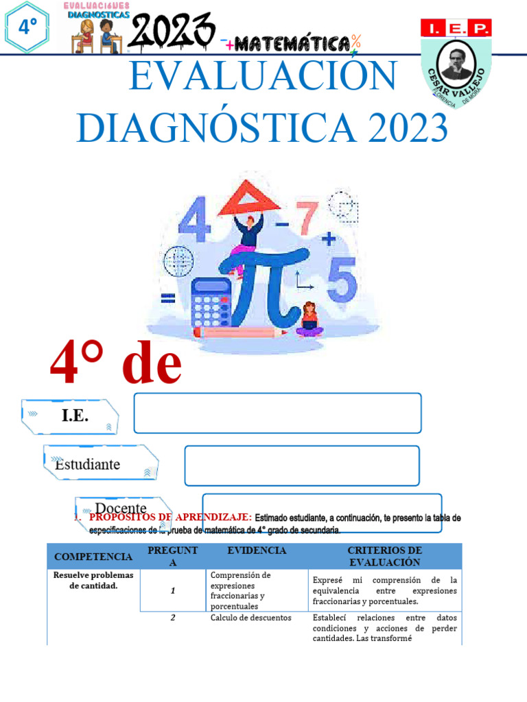 9.4. Evaluacion Diagnostica 4° | PDF | Ecuaciones | Evaluación