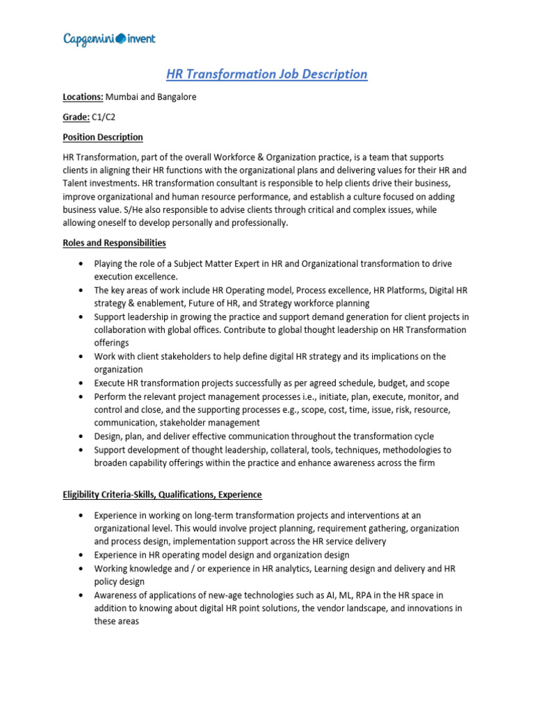 HR Transformation - Sample Job Description | PDF | Human Resource ...