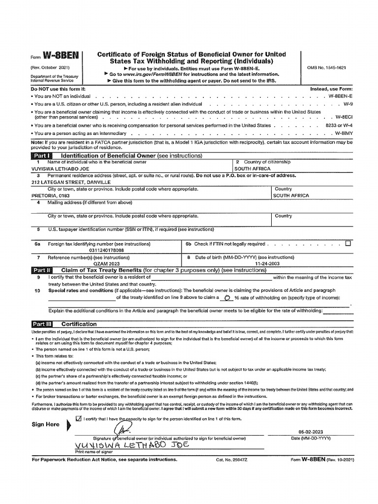 W-8BEN Form VL Joe | PDF