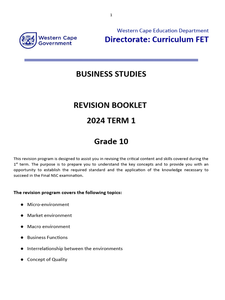 2024 Term 1 GR 10 Revision Booklet | PDF | Macroeconomics | Goal