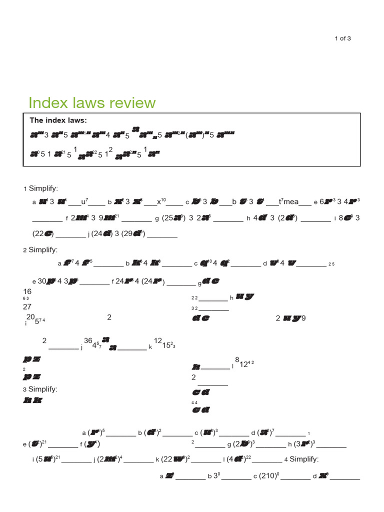 Year 8 Index Laws Worksheet | PDF