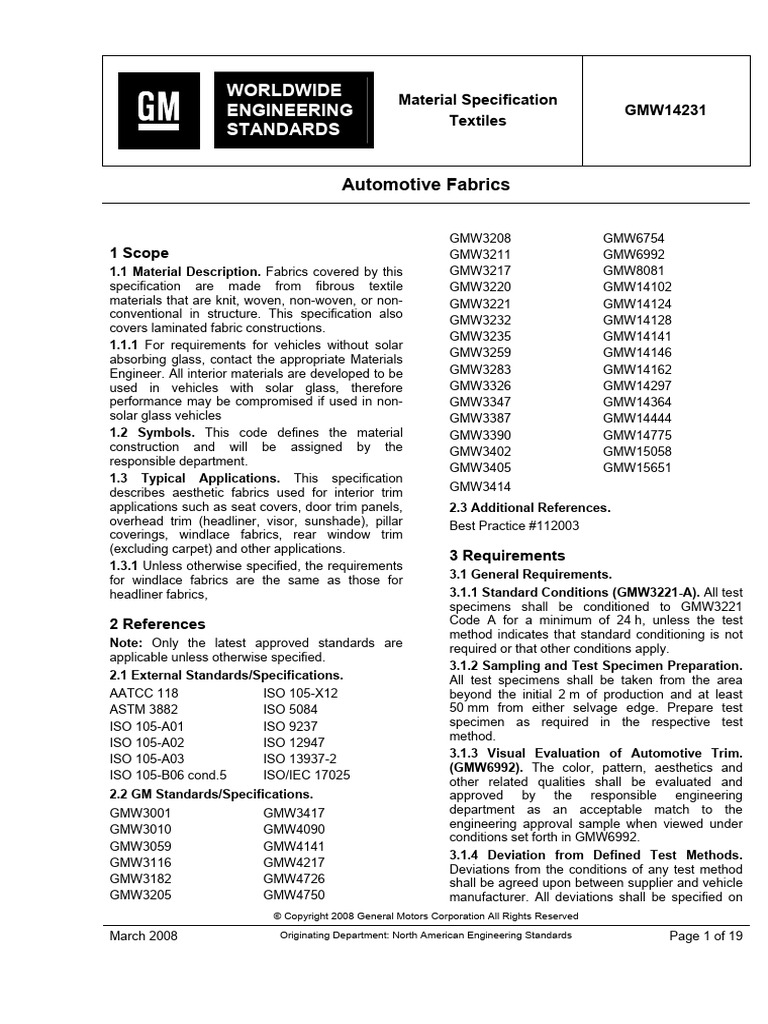 GMW14231 Mar 2008 | PDF | Nonwoven Fabric | Textiles