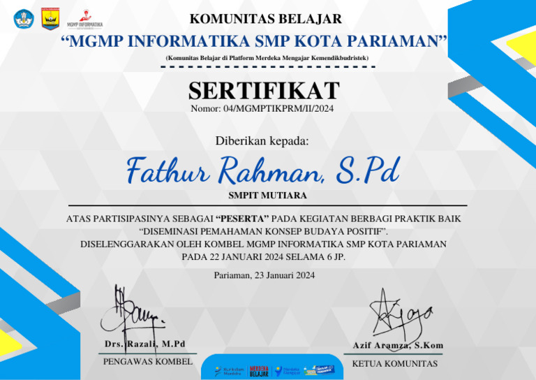 Sertifikat Kombel MGMP Informatika PRM - 61 | PDF
