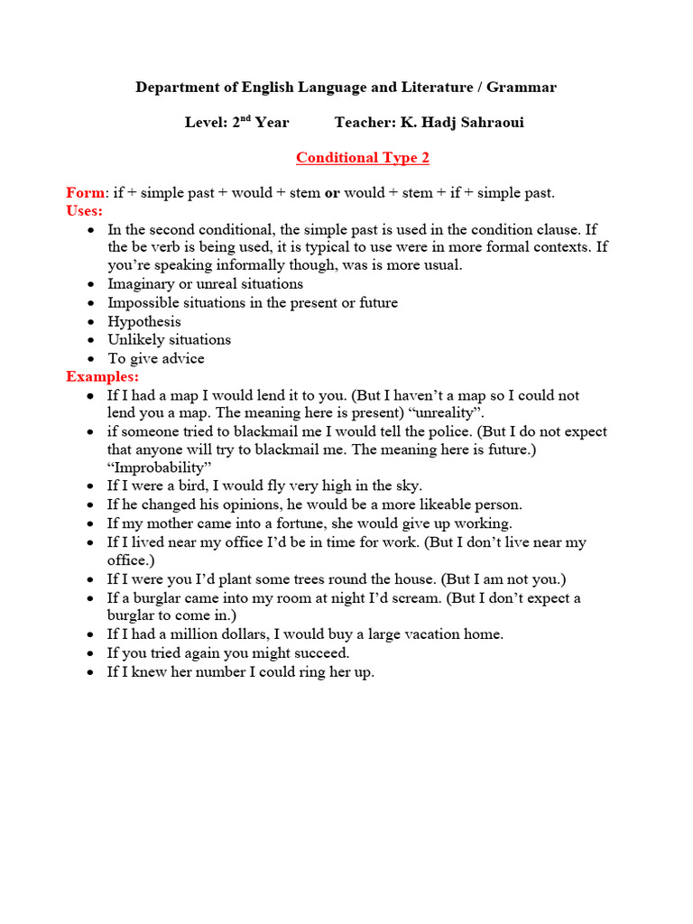 Conditional Type 2 | PDF | Linguistics | Grammar