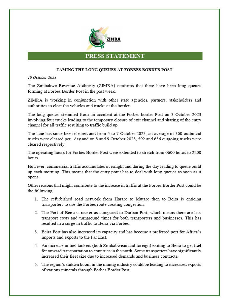 ZIMRA Statement On Forbes Border Post Queues - 10 October 2023 | PDF ...