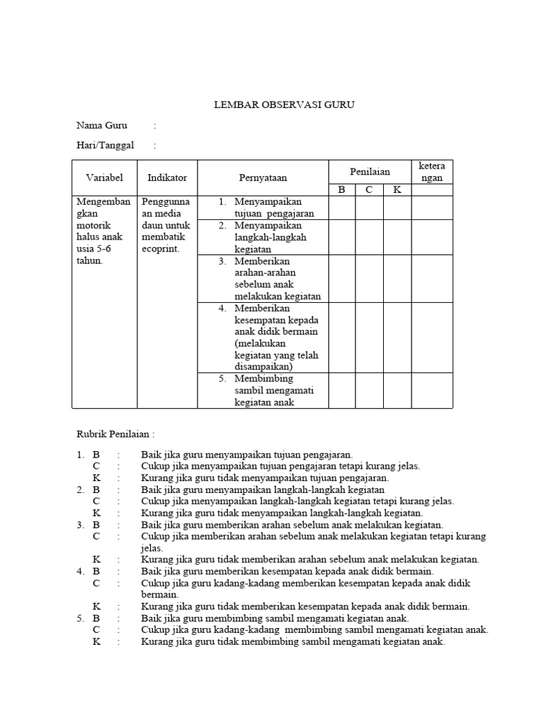 Lembar Observasi Guru | PDF