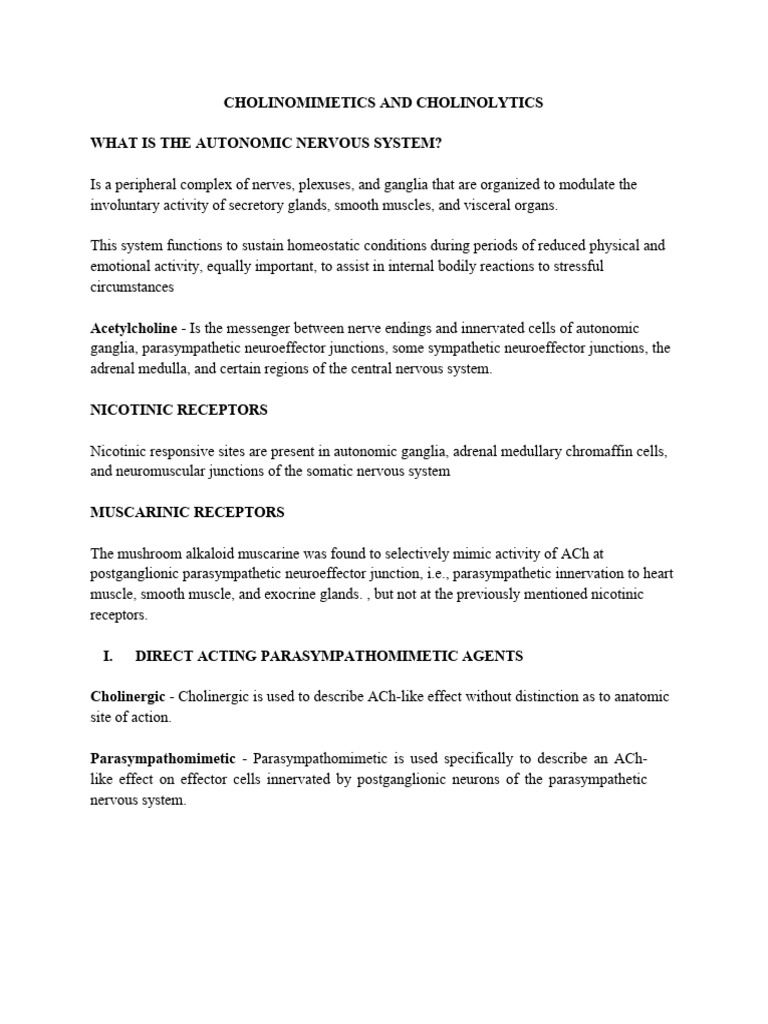 Cholinomimetic and Cholinolytics | PDF | Acetylcholine | Autonomic ...