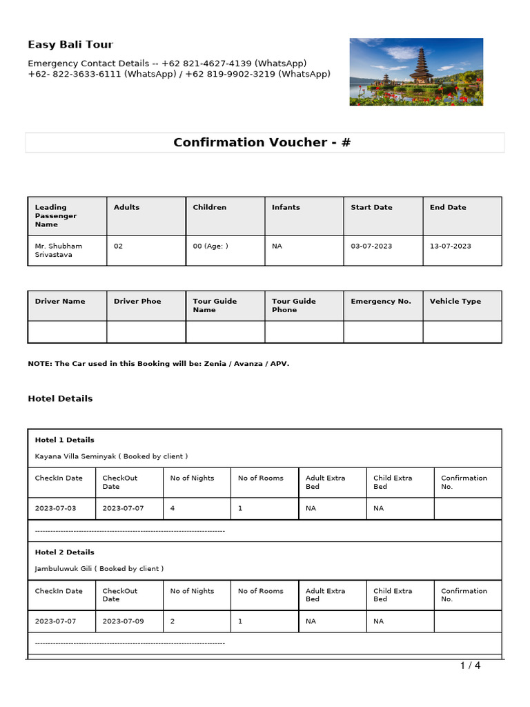 Confirmation Voucher - #: Easy Bali Tour | PDF | Bali