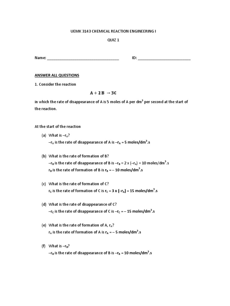 Chemical Reaction Engineering Quiz | PDF