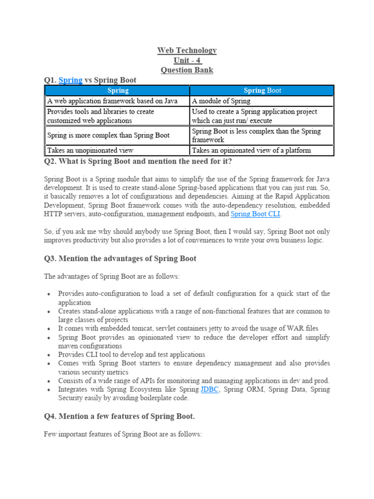 Web Technology-Unit-4-Question Bank | PDF | Spring Framework | Software