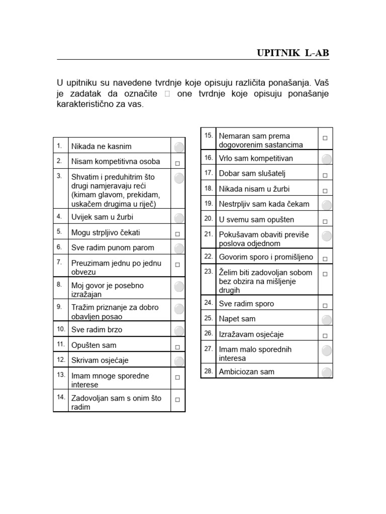 Upitnik Ličnosti A-B | PDF