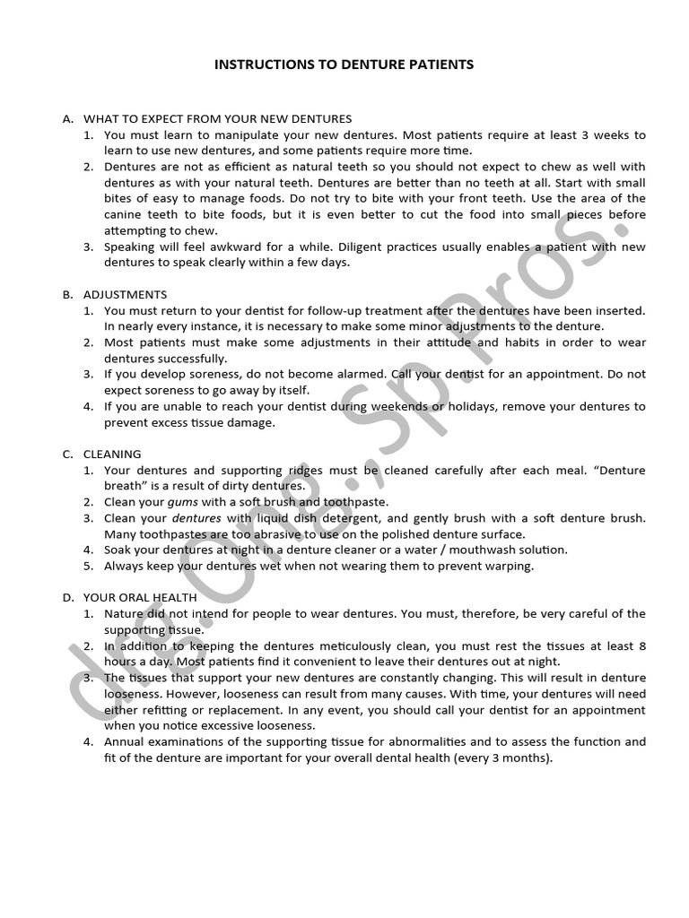 INSTRUCTIONS TO DENTURE PATIENTS | PDF