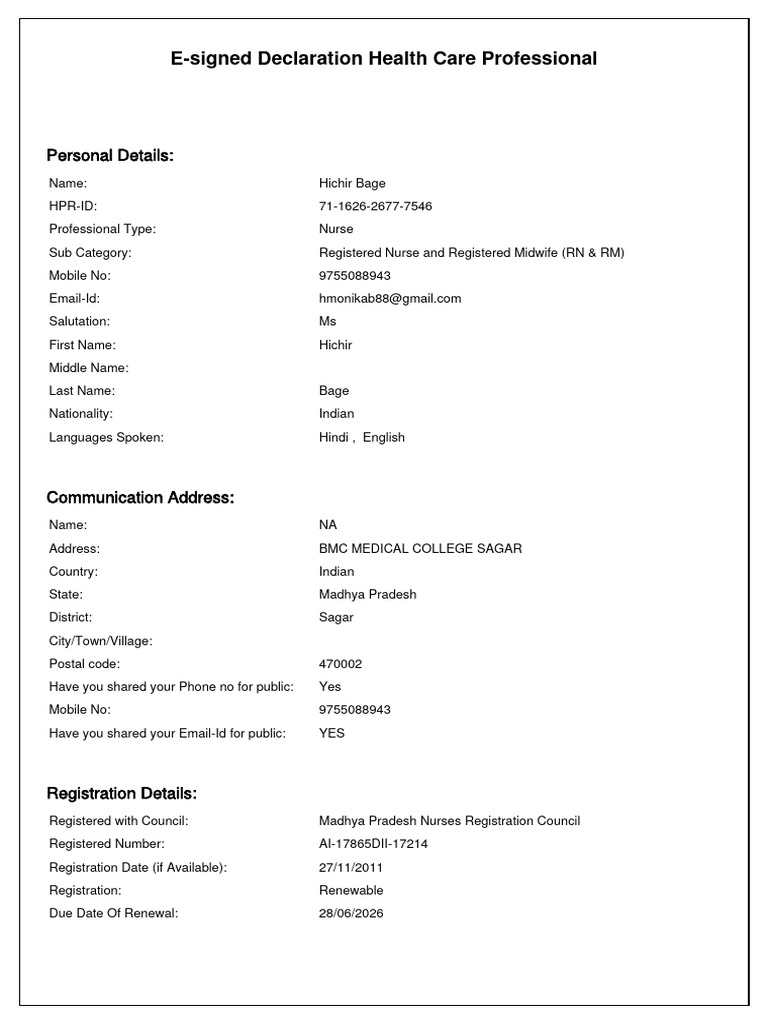 E-Signed Declaration for Nurse Hichir Bage | PDF | Nursing | Medicine