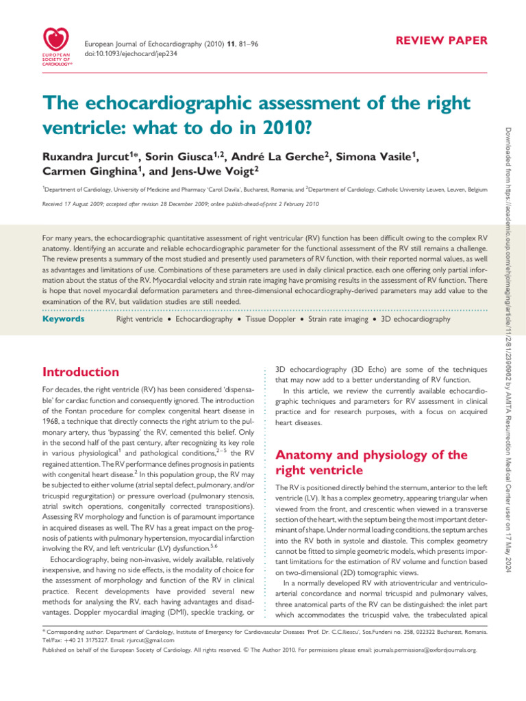 Jurcut Et Al - 2010 - The Echocardiographic Assessment of The Right Ventricle | PDF | Ventricle ...