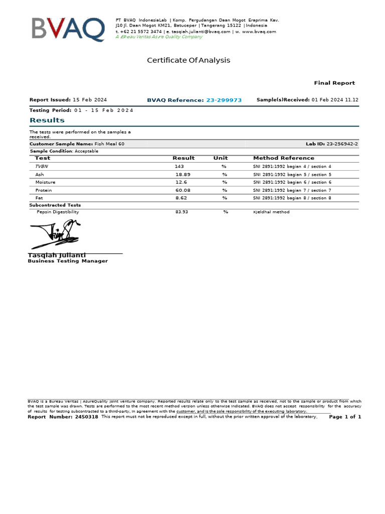 COA Fish Meal 60 BVAQ | PDF