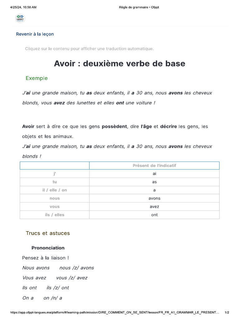 Le Verbe Avoir | PDF