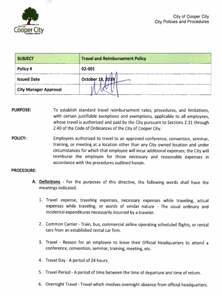 Cooper City Travel Reimbursement Policy | PDF | Per Diem