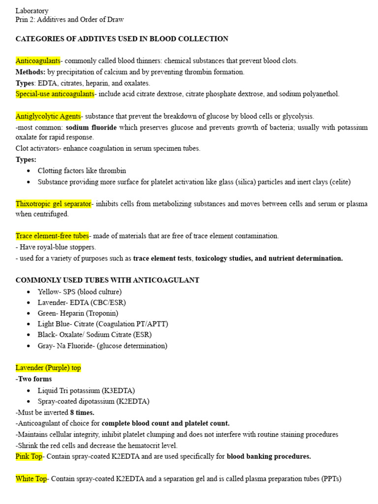 Additives and Order of Draw | PDF | Coagulation | Blood Plasma
