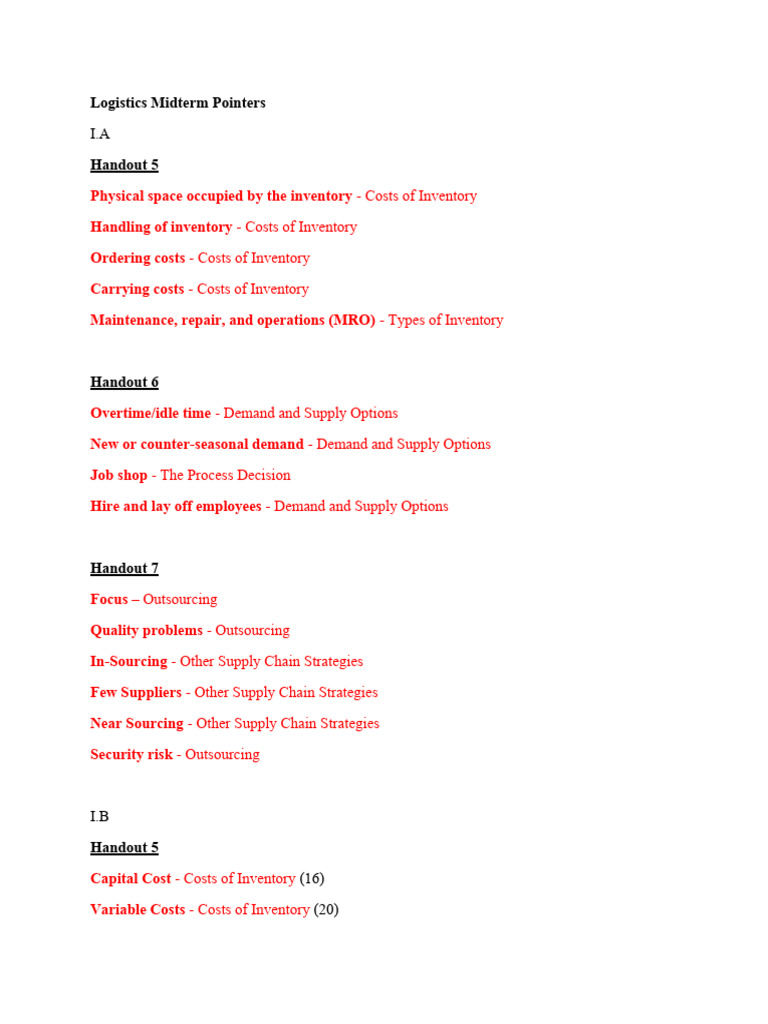 Logistics Midterm Study Guide Pointers | PDF | Finance & Money Management