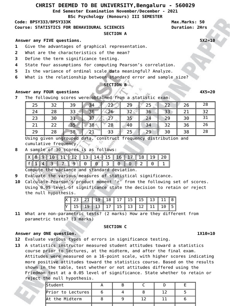 Christ University Previous Year Paper-Statistics | PDF | Statistics ...