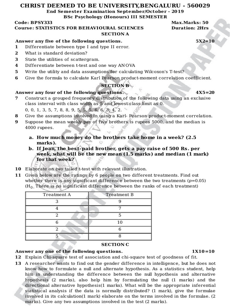 Christ University Previous Year Paper-Statistics | PDF | Statistical ...
