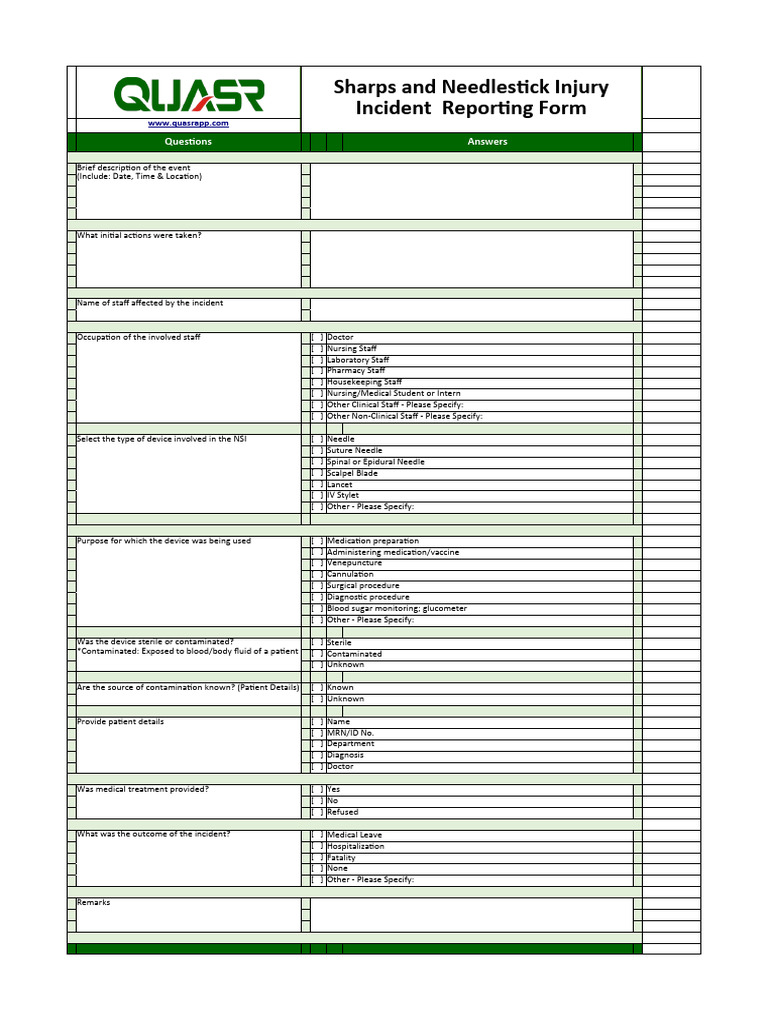 QUASR Needlestick Injury Incident Form | PDF | Health Sciences | Medicine