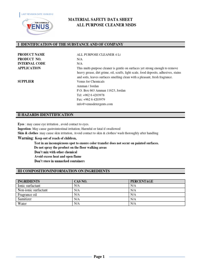 All Purpose Cleaner MSDS Overview | PDF | Water | Fires