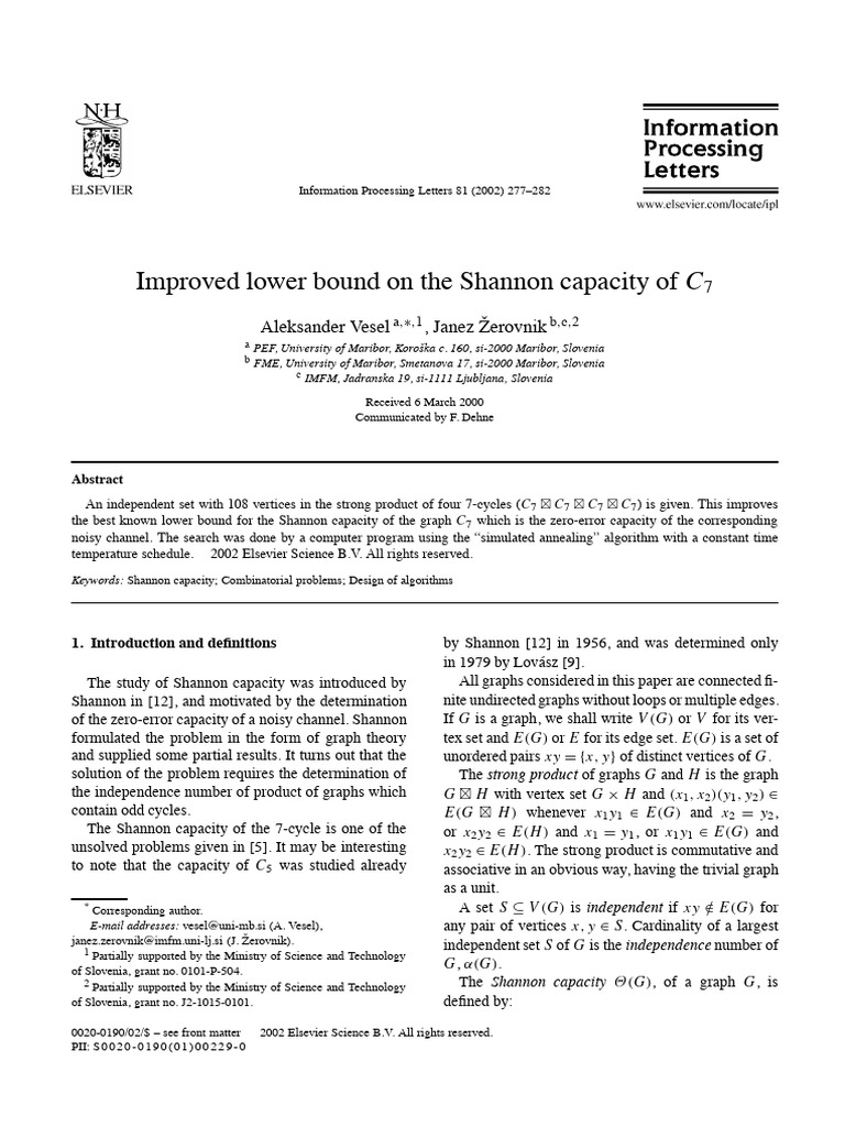 Improved Lower Bound On The Shannon Capacity of C7 | PDF | Vertex (Graph Theory) | Time Complexity