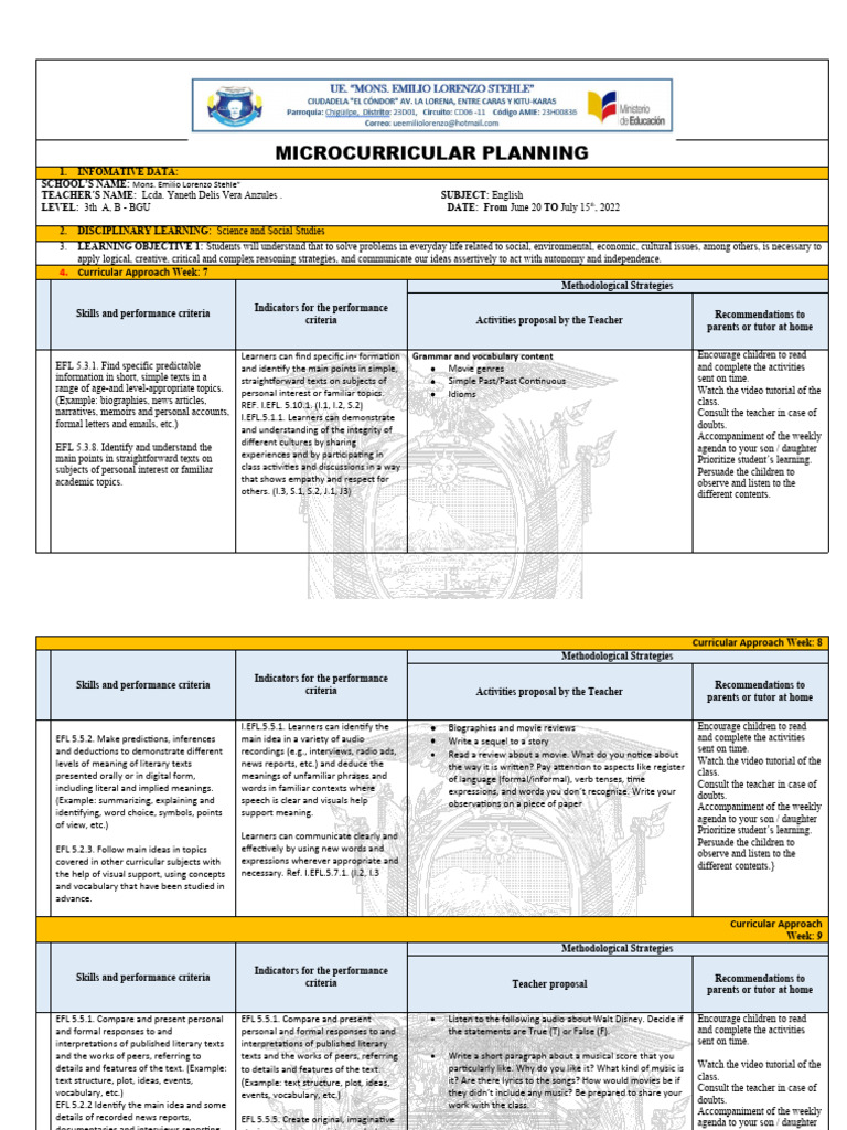 MICROCURRICULAR PLANNING 3th | PDF | English As A Second Or Foreign Language | Learning