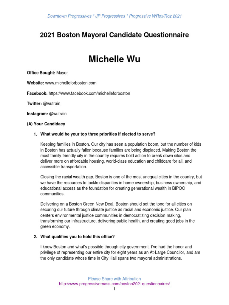 Boston Mayoral Candidate Questionnaire - Michelle Wu 2021 | PDF ...