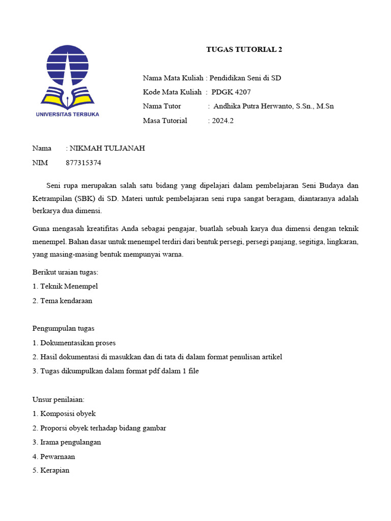 TT 2 - Pendidikan Seni Di SD - Nikmah Tuljanah - 877315374 | PDF