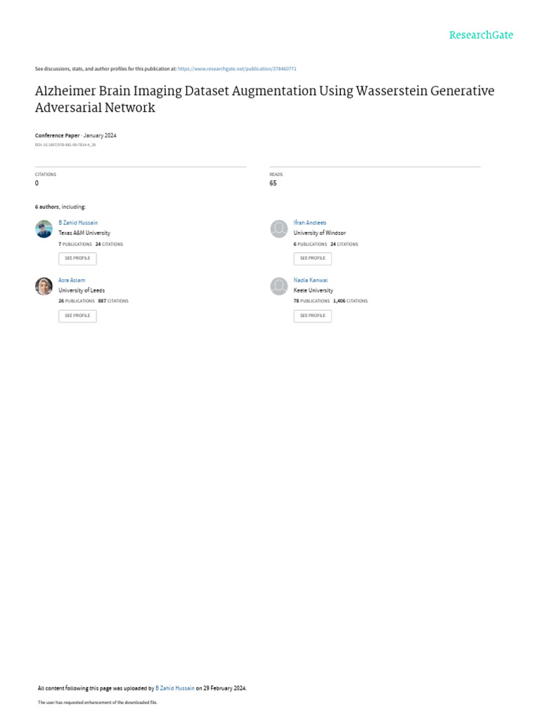 Alzheimer Brain Imaging Dataset Augmentation 0 Ausing Wasserstein Generative Adversarial Network ...