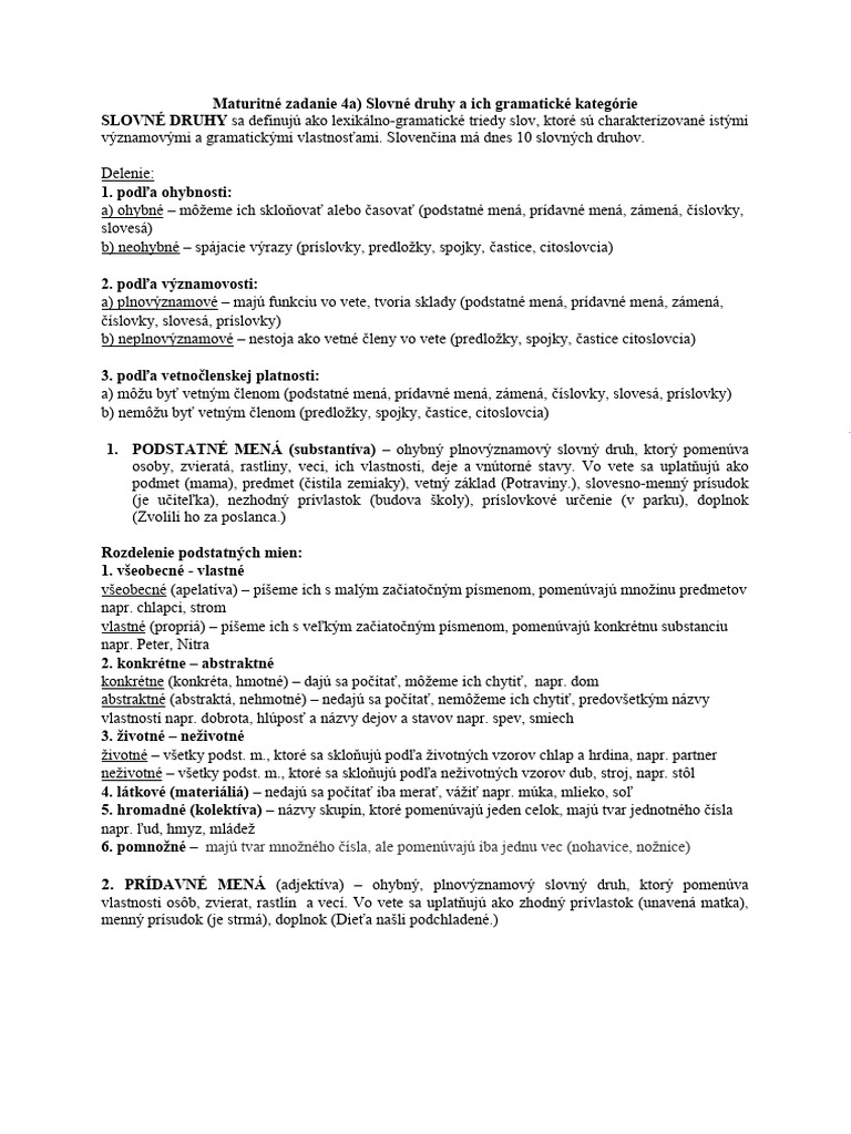 Slovné Druhy A Gramatické Kategórie | PDF