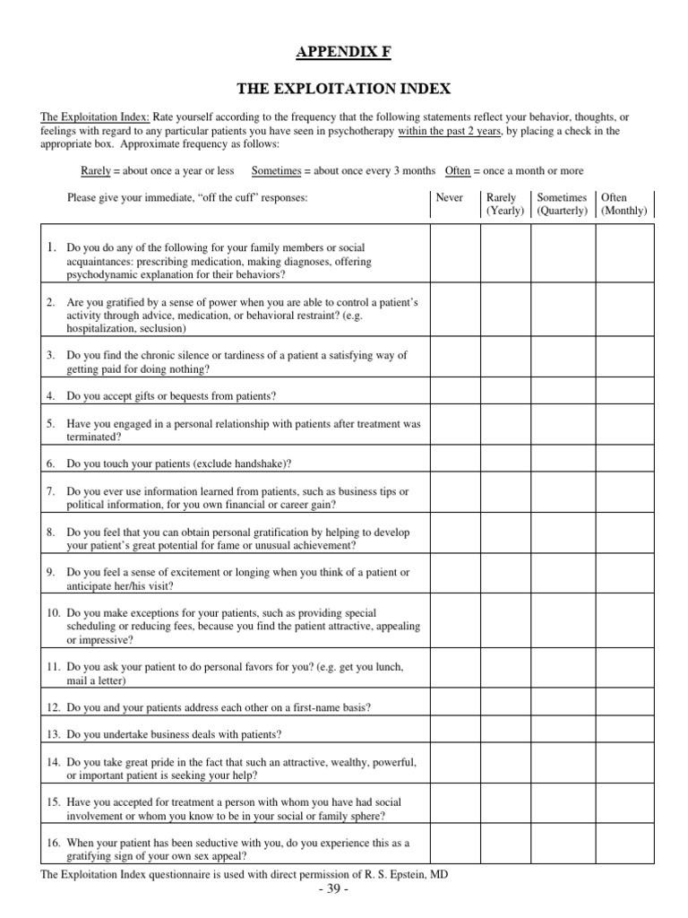 Emebc - Appendix - F - Exploitation Index | PDF | Psychotherapy | Patient