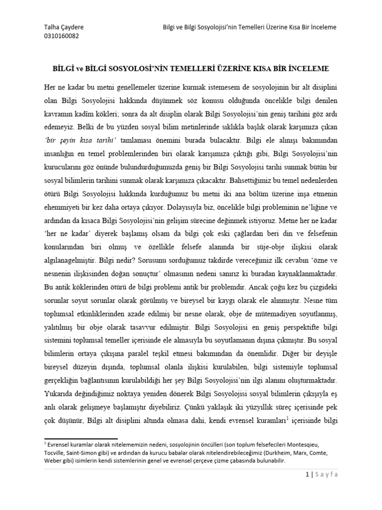 Bilgi Sosyolojisinin Kısa Tarihi | PDF