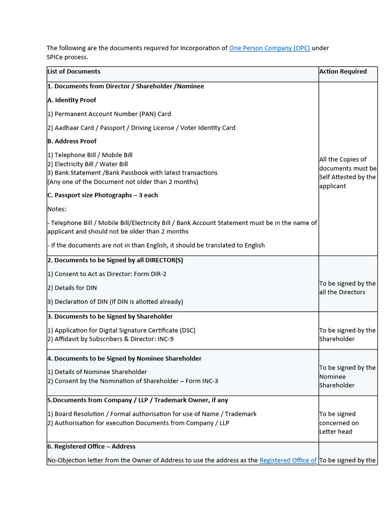 Documents Required For Incorporation of OPC | PDF | Finance & Money ...