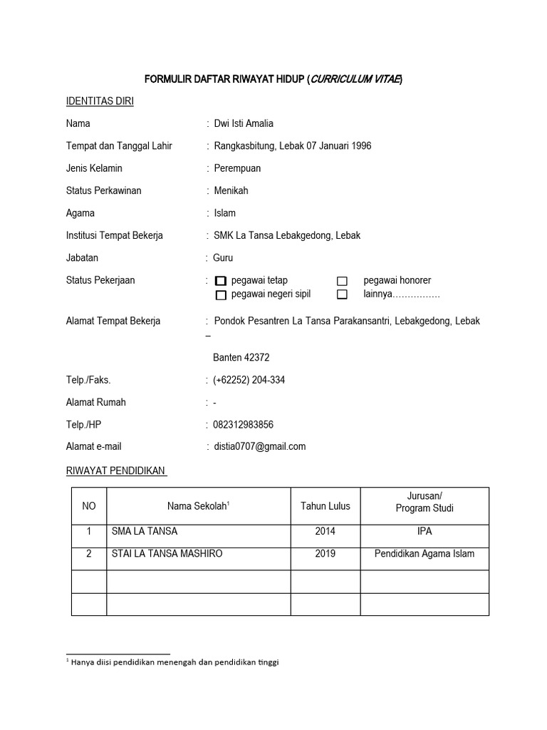 Formulir Daftar Riwayat Hidup Pemohon 0 | PDF