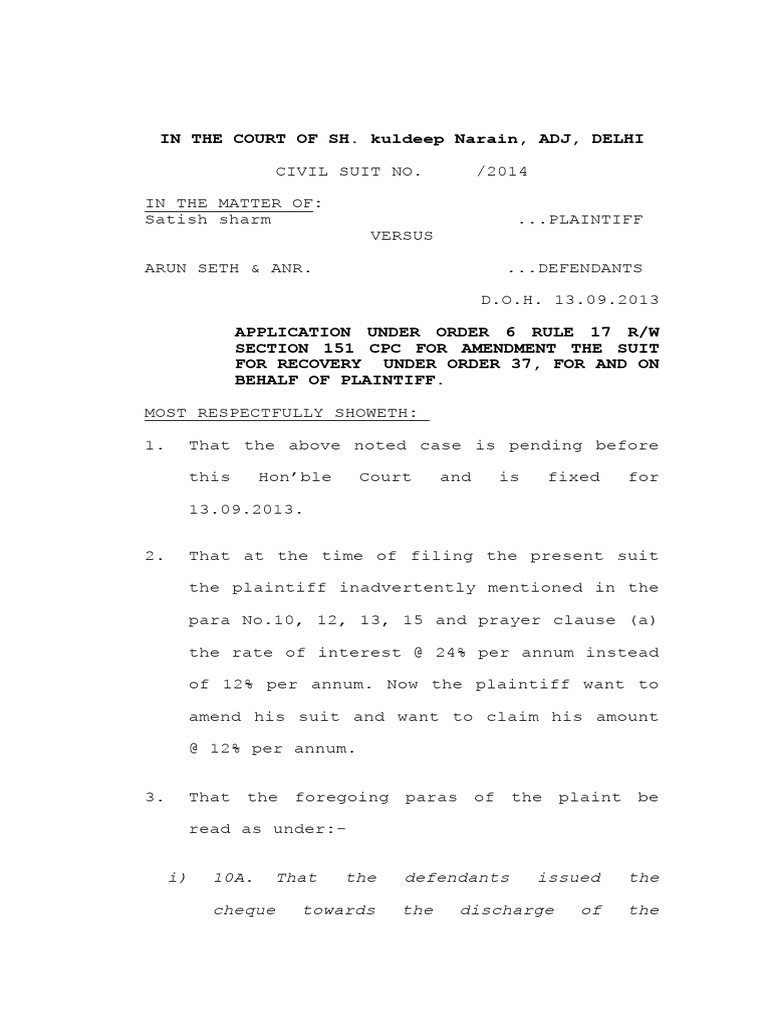Application Under Order 6 Rule 17 | PDF | Lawsuit | Cheque