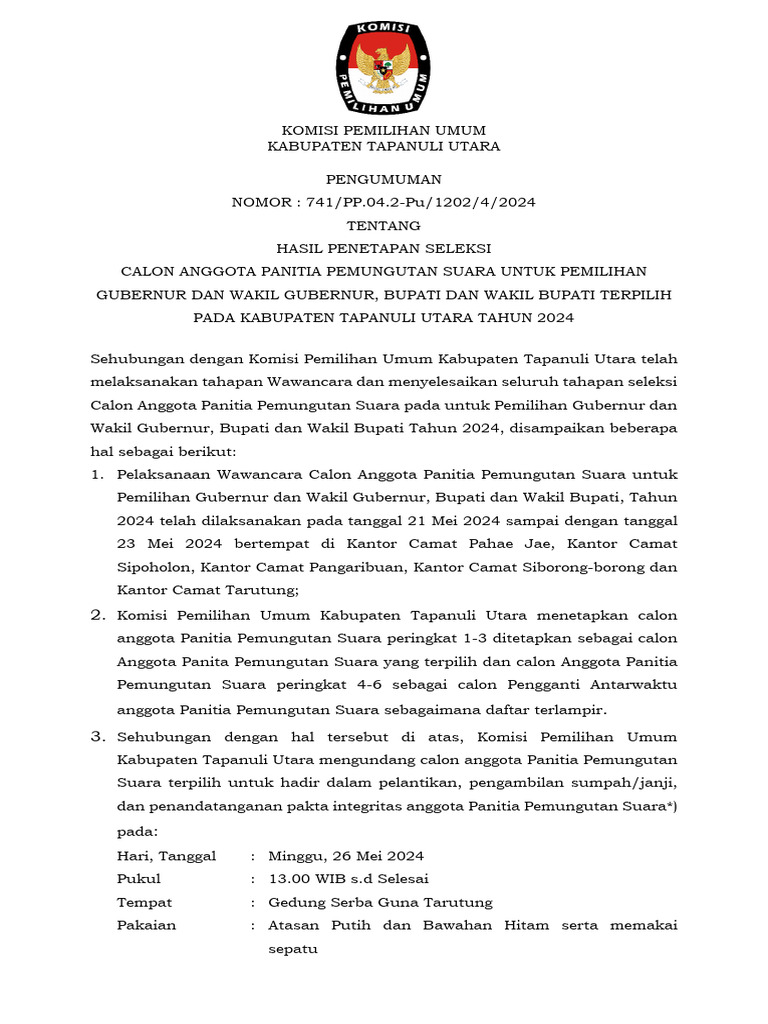 741 Pengumuman Hasil Seleksi PPS Pilkada Tahun 2024 | PDF