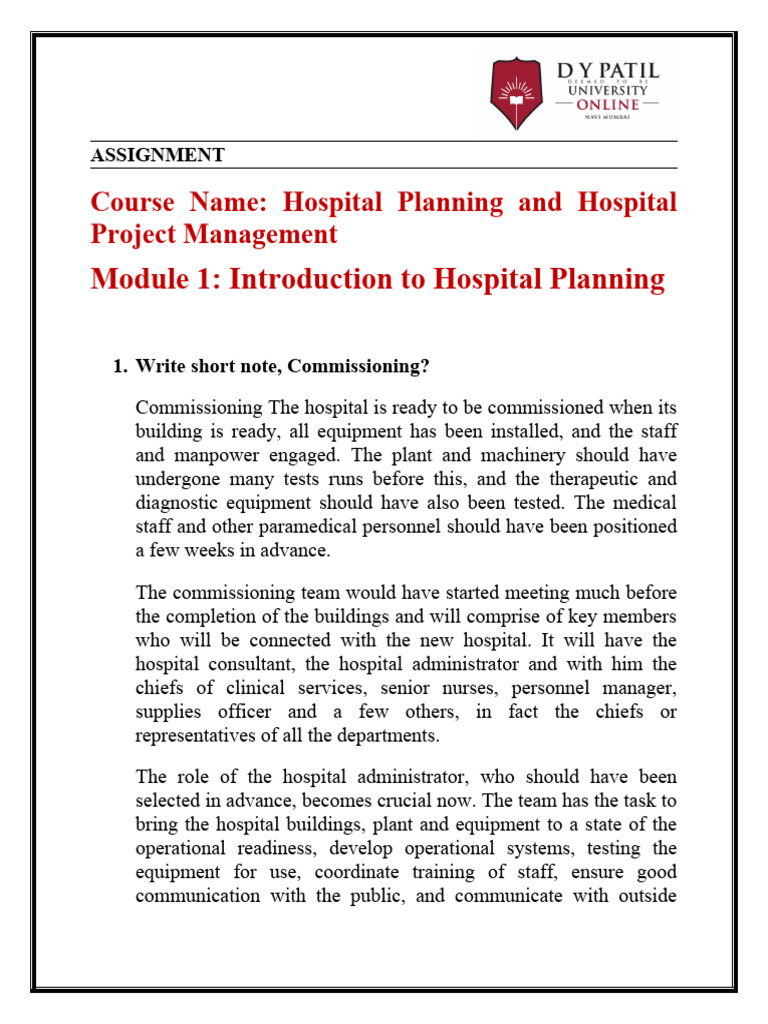 Module 1 Introduction to Hospital Planning Assignment | Download Free ...